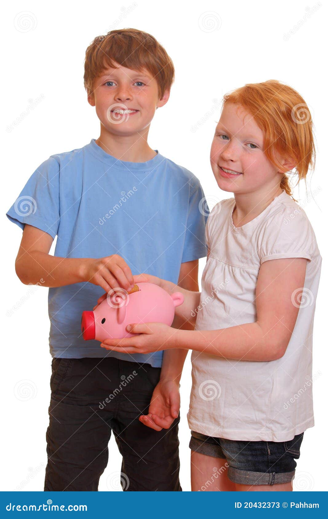 Two kids with piggy bank stock image. Image of beautiful - 20432373