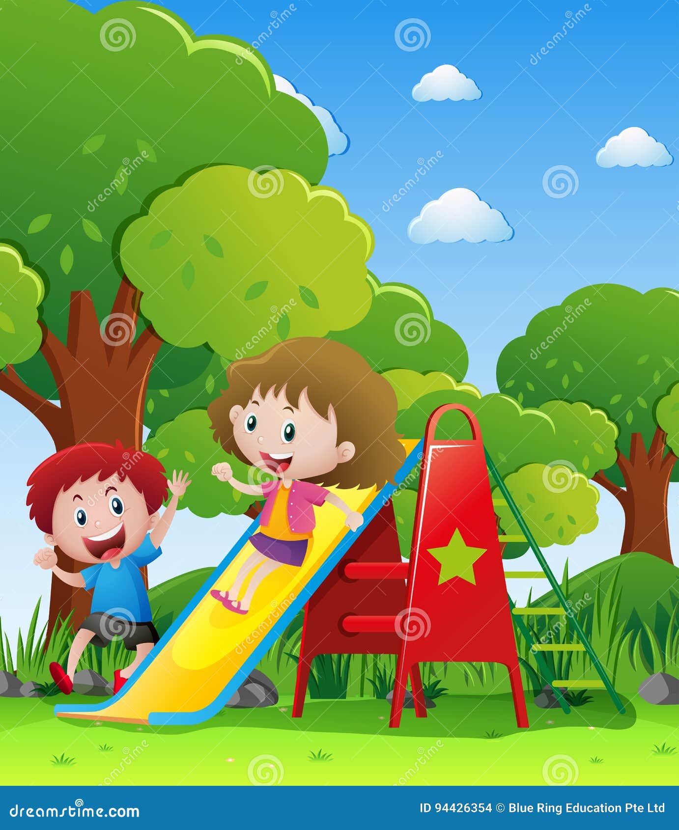 Two Kids Playing Slide in Park Stock Vector - Illustration of girl ...