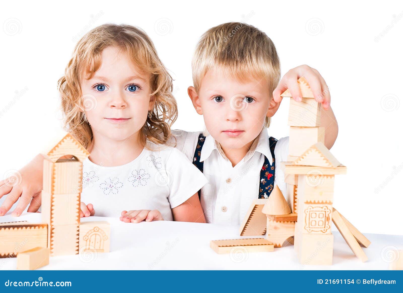 Two Kids Playing with Wooden Blocks Indoor Stock Photo - Image of ...