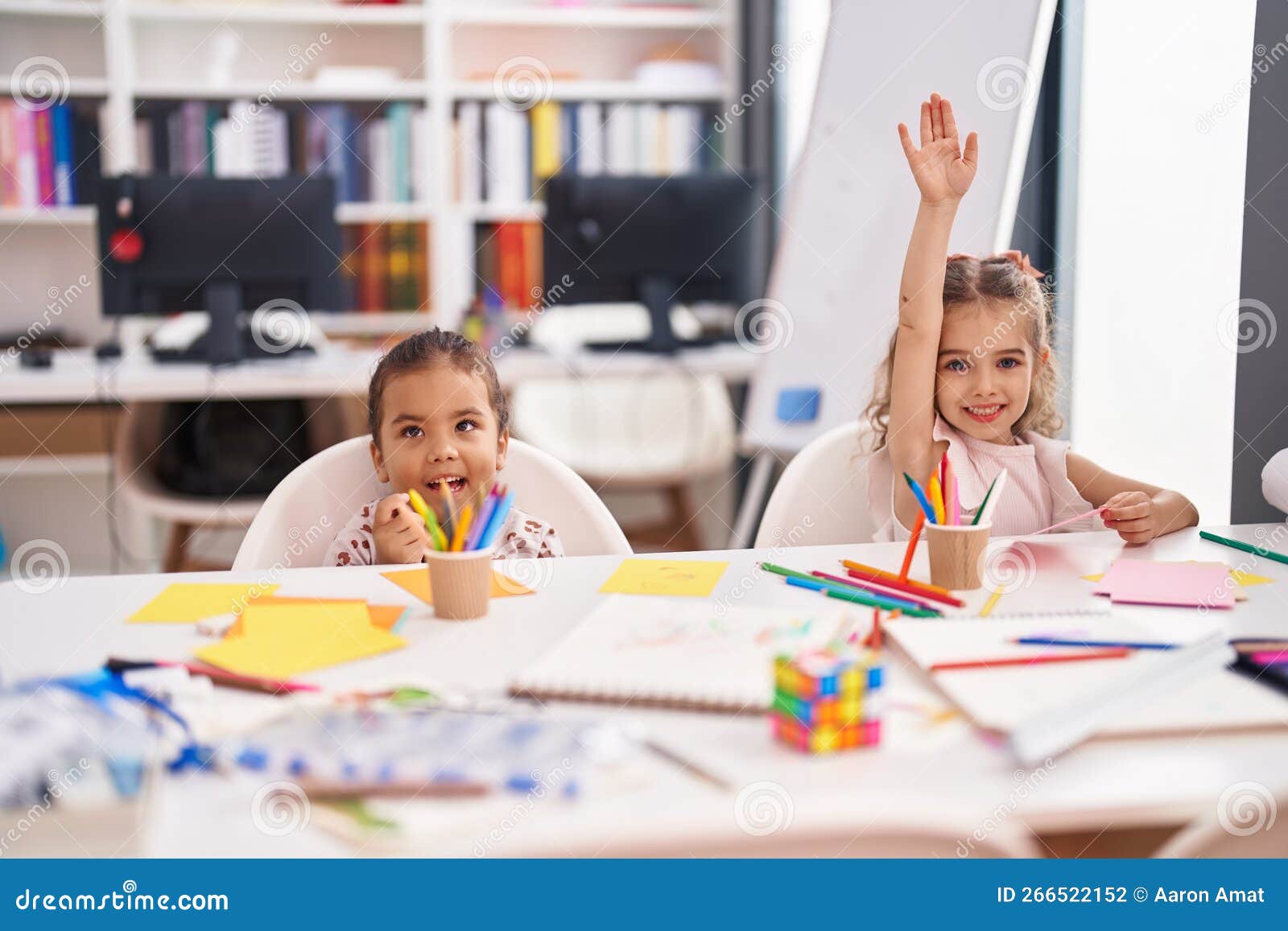 Two Kids Preschool Students Having Lesson with Teacher at Classroom ...