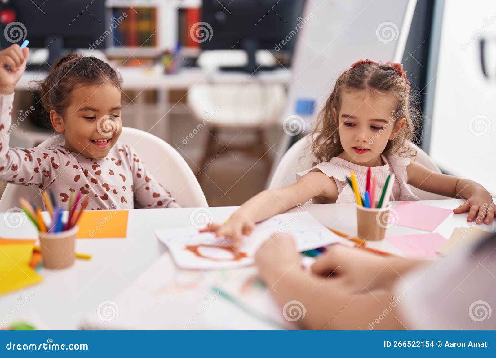 Two Kids Preschool Students Having Lesson with Teacher at Classroom ...