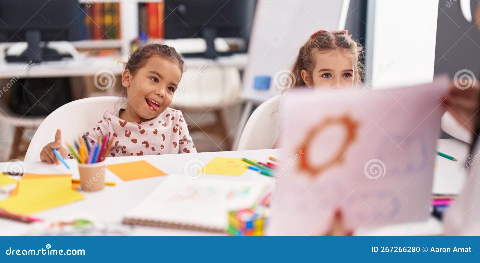 Two Kids Preschool Students Having Lesson with Teacher at Classroom ...