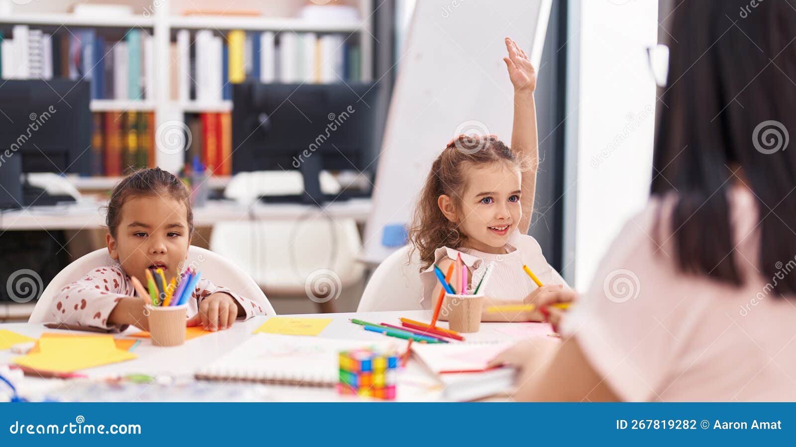 Two Kids Preschool Students Having Lesson with Teacher at Classroom ...