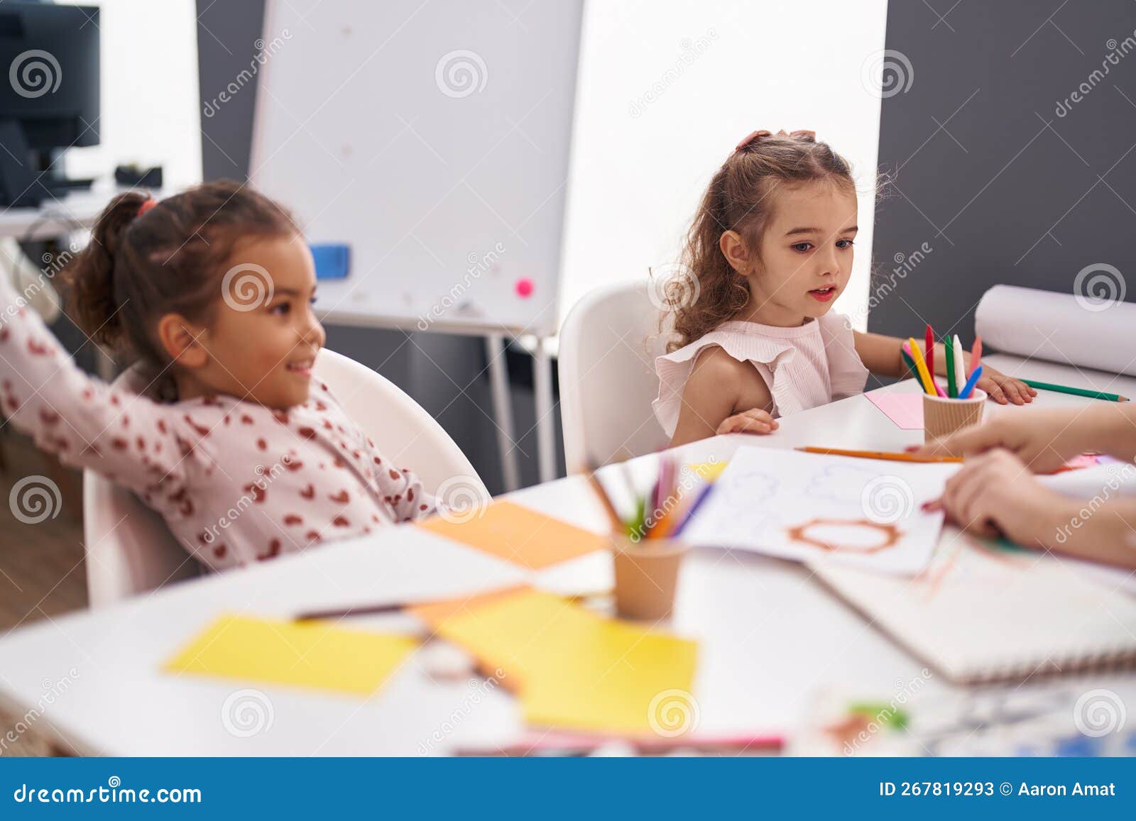 Two Kids Preschool Students Having Lesson with Teacher at Classroom ...