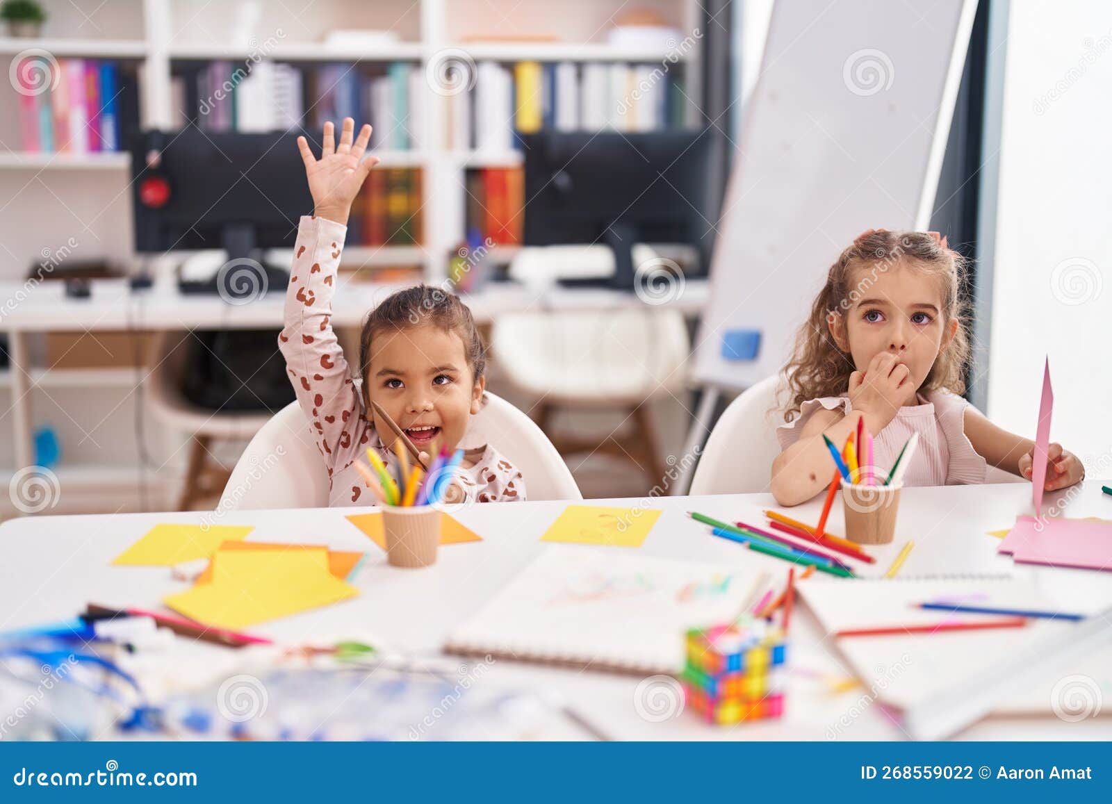 Two Kids Preschool Students Having Lesson with Teacher at Classroom ...