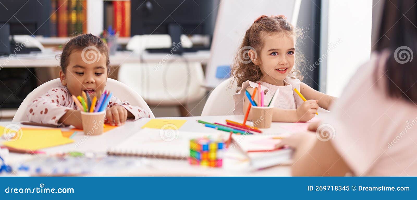 Two Kids Preschool Students Having Lesson with Teacher at Classroom ...