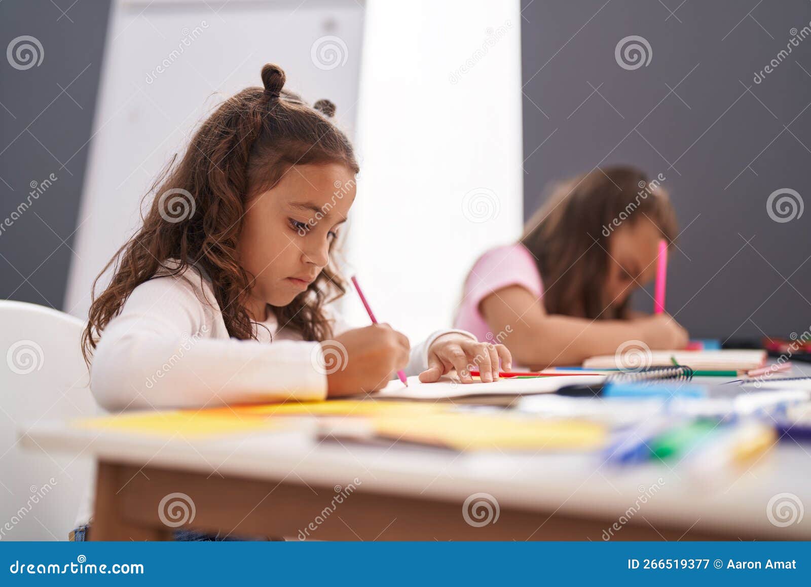 Two Kids Preschool Students Sitting on Table Drawing on Paper at ...