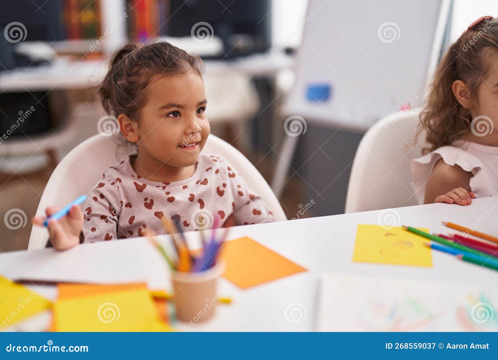 Two Kids Preschool Students Sitting on Table Drawing on Paper at ...