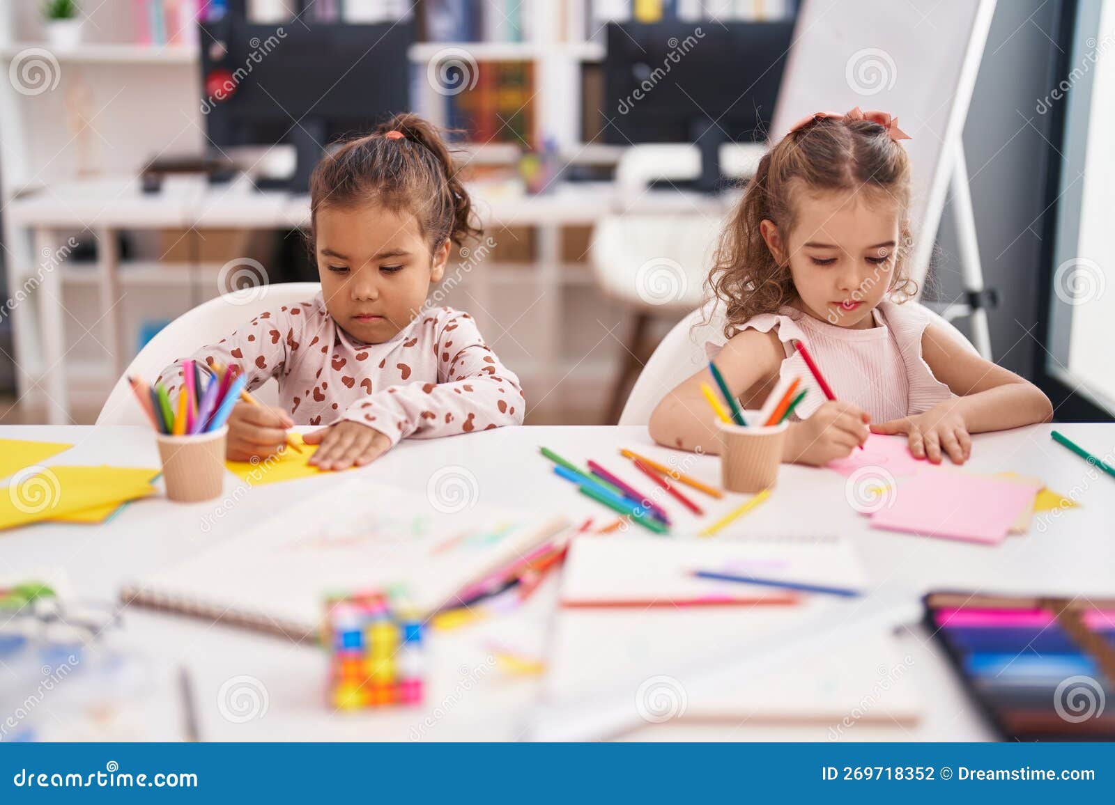 Two Kids Preschool Students Sitting on Table Drawing on Paper at ...