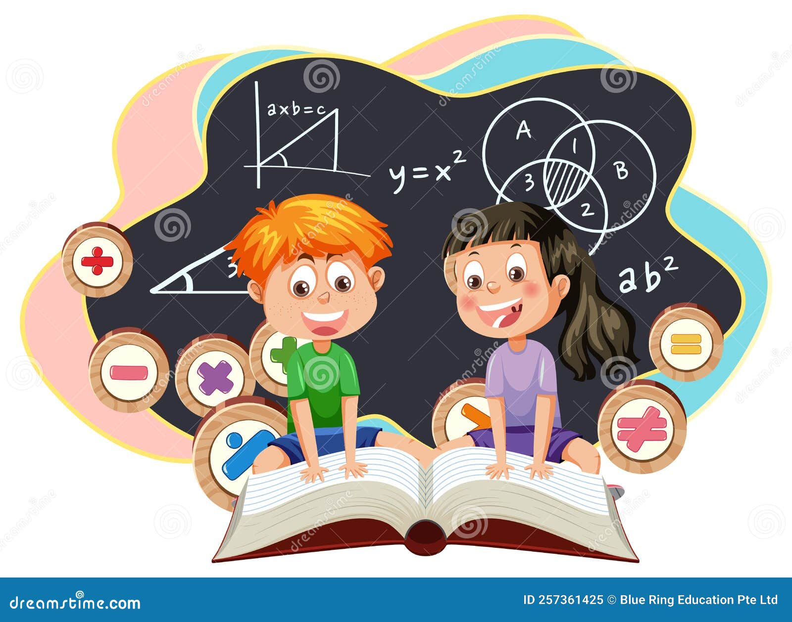 Two Kids Reading Book Cartoon Character Stock Illustration ...