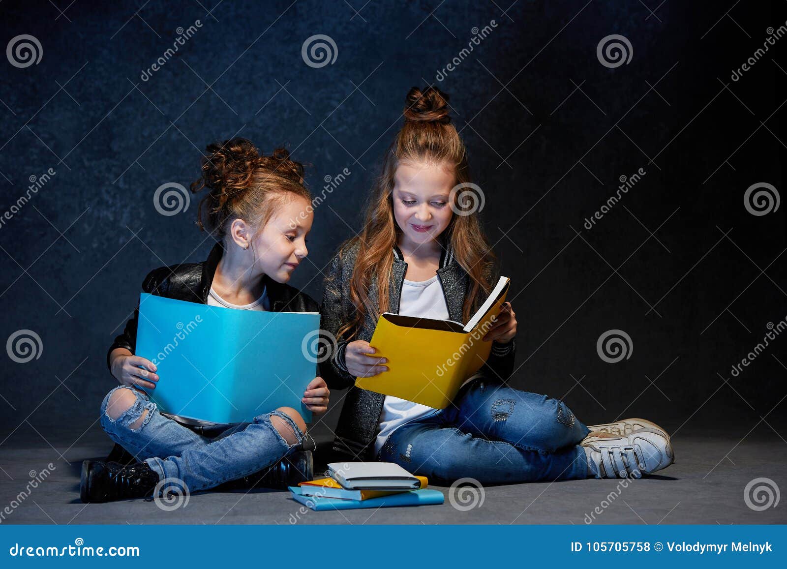 Two Kids Reading the Books at Studio Stock Photo - Image of child, page ...