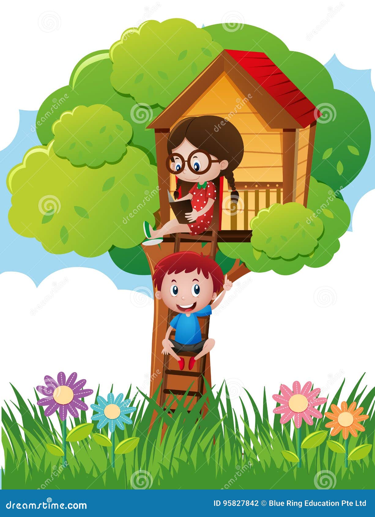 Two Kids in Reading Book in Treehouse Stock Vector - Illustration of ...