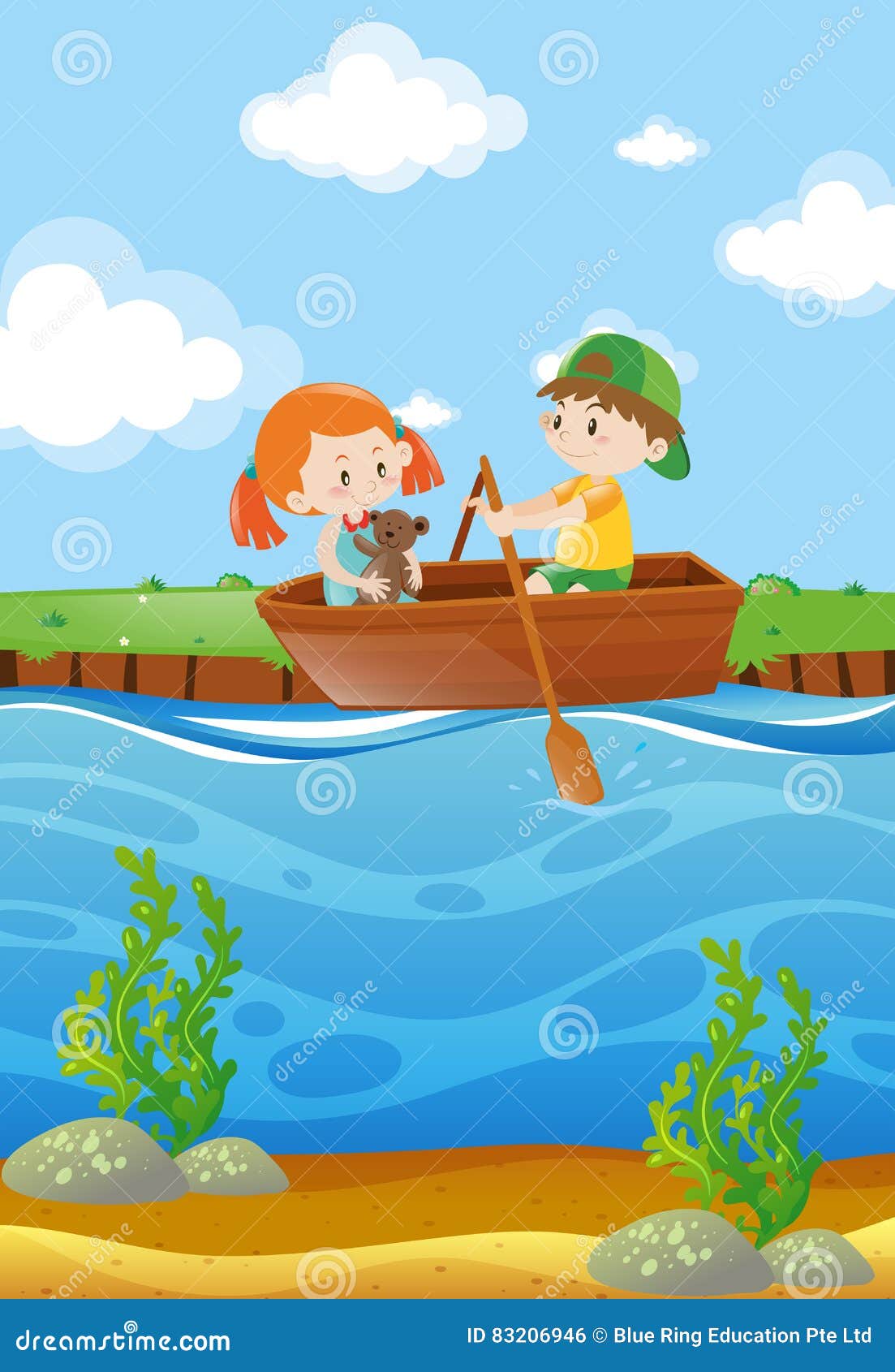 Two kids row boat in river stock vector. Illustration of rowboat - 83206946