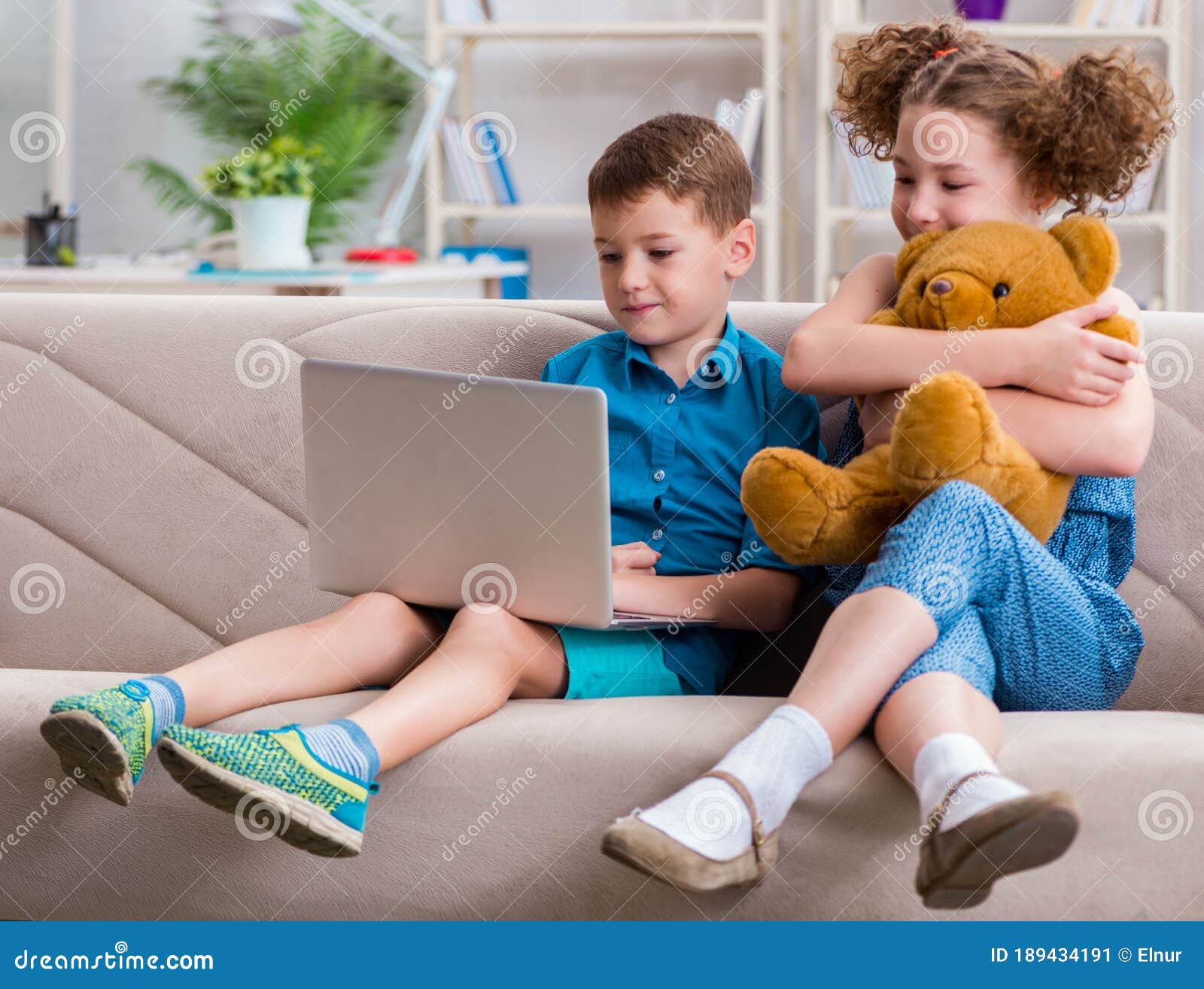Two Kids Sitting at Laptop at Home Stock Image - Image of brother ...