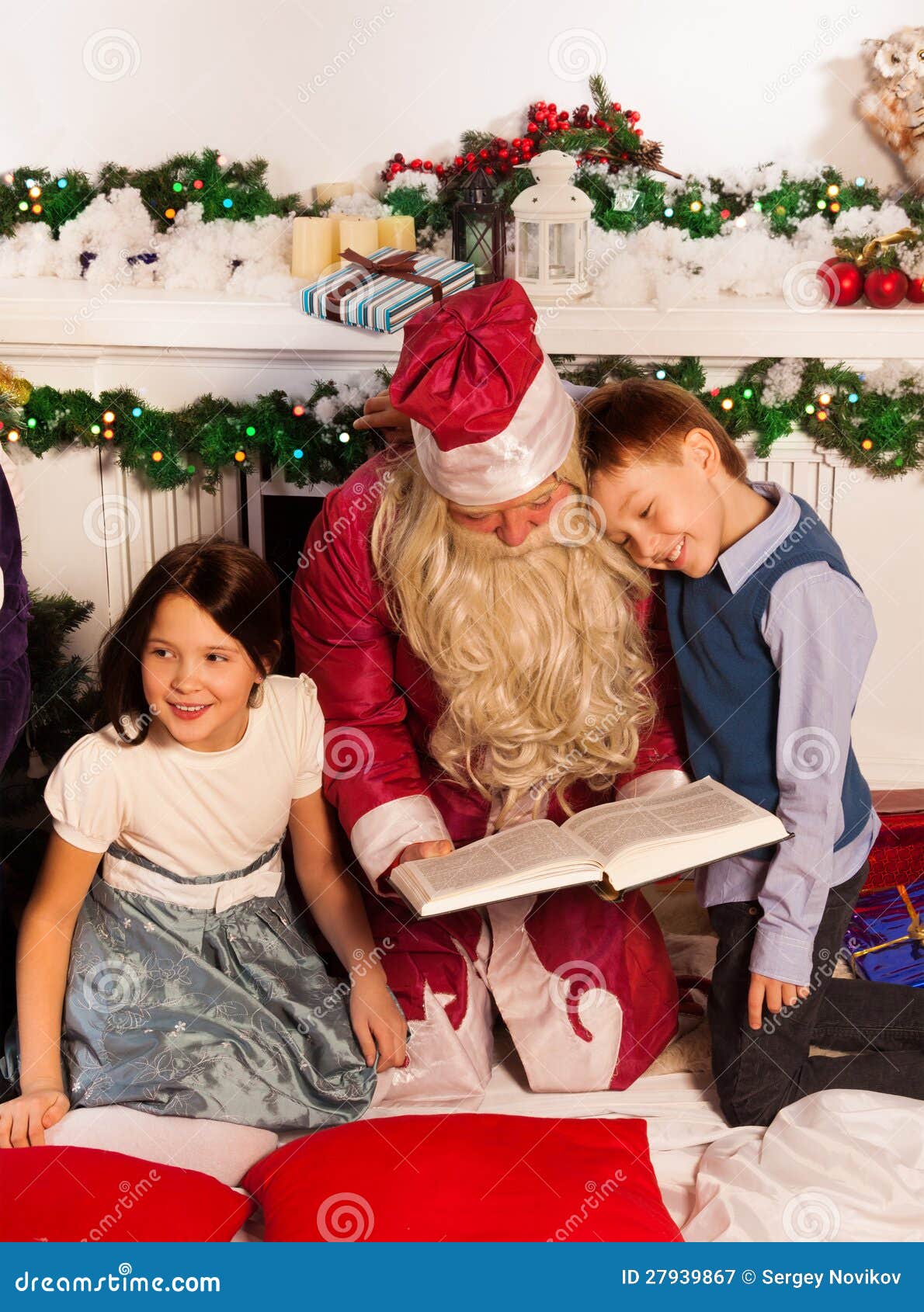 Two Kids Sitting with Santa Reading Book Stock Image - Image of friends ...