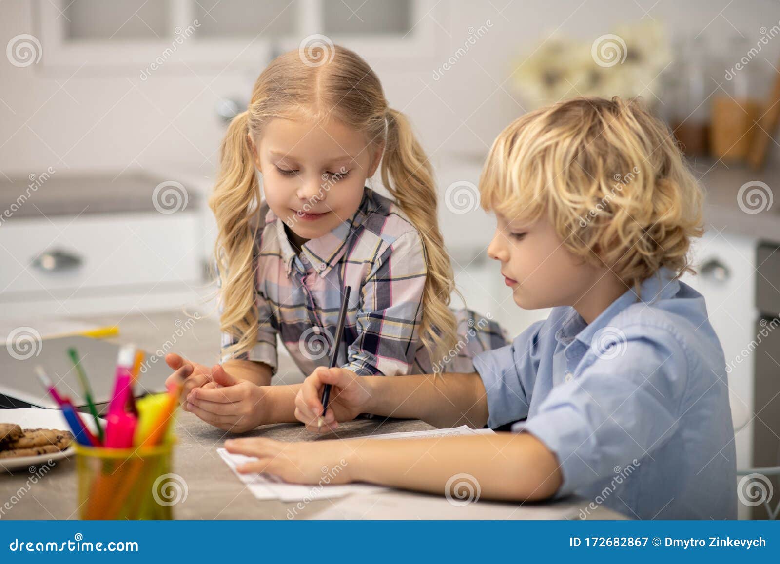 Two Kids Sitting at the Table and Drawing Stock Image - Image of ...