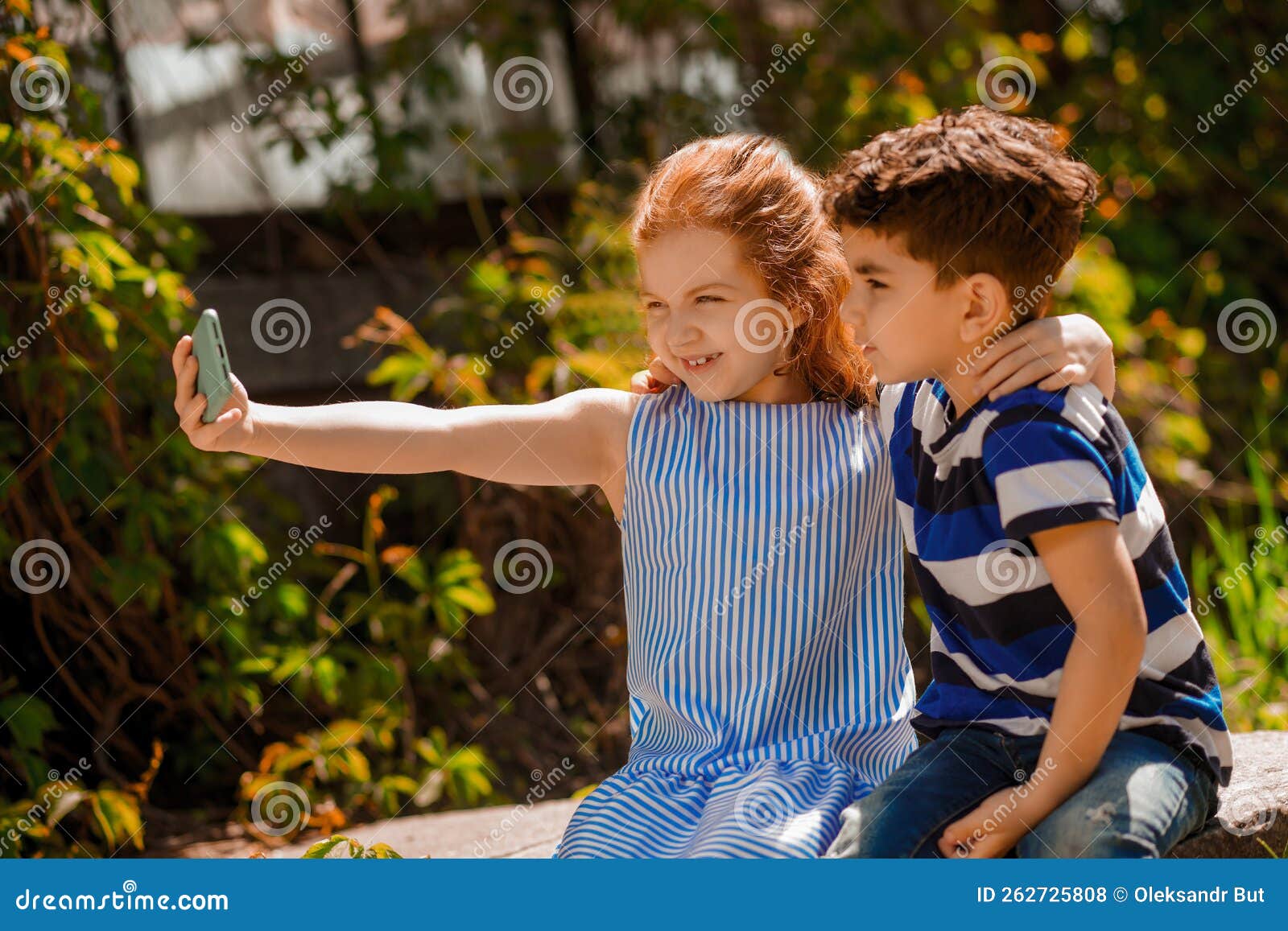 Two Kids Sitting Together and Making Selfie Stock Photo - Image of ...