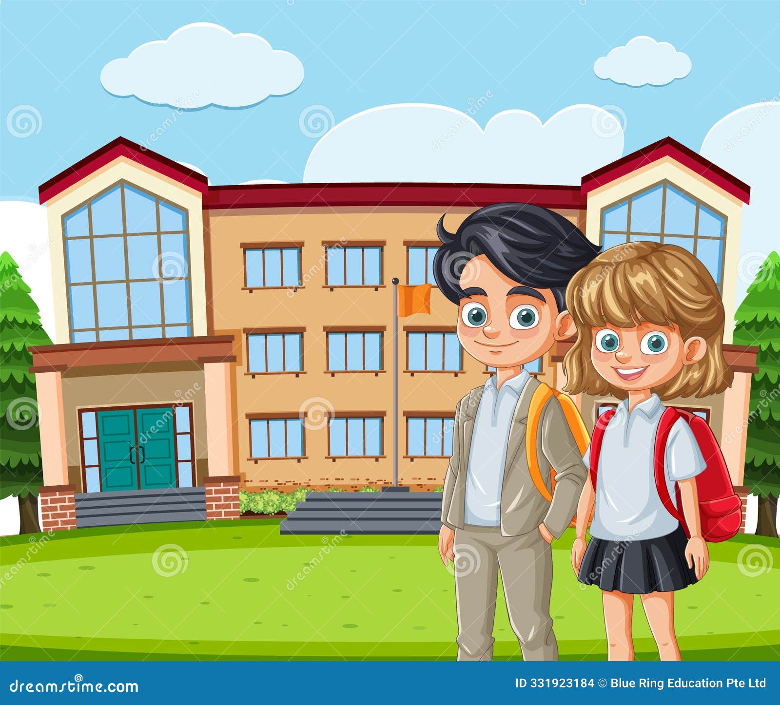 Two kids standing outside stock illustration. Illustration of greenery ...