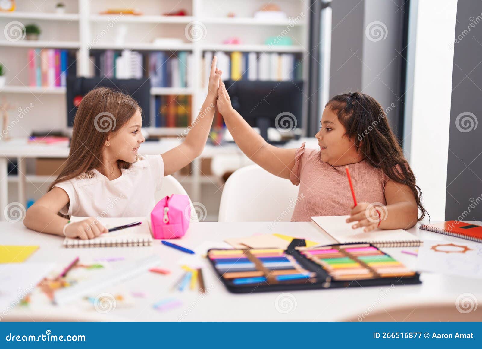 Two Kids Students Drawing on Paper High Five with Hands Raised Up at ...