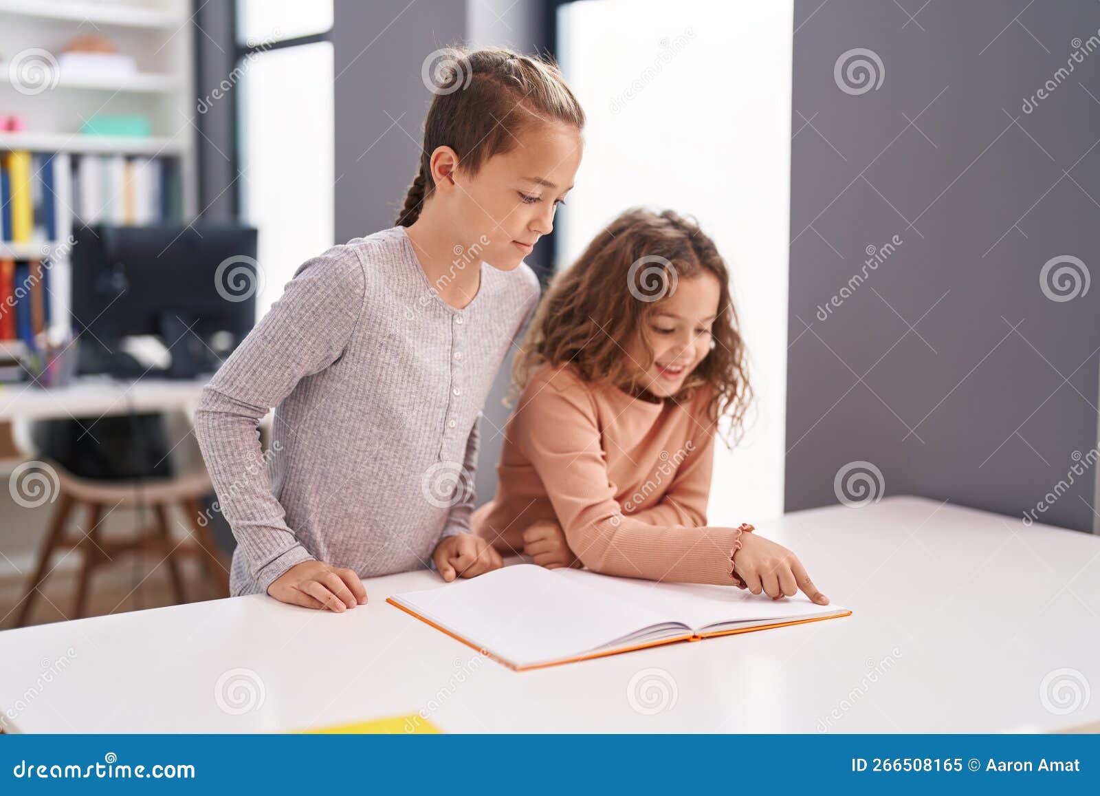 Two Kids Students Reading Book Studying at Classroom Stock Image ...