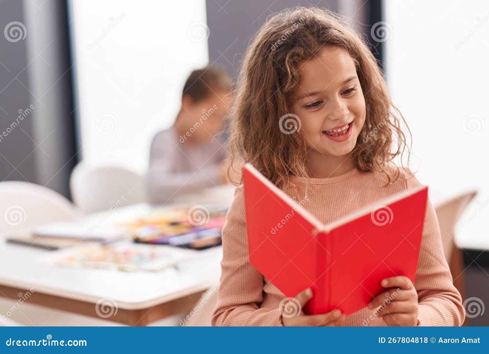 Two Kids Students Reading Book Studying at Classroom Stock Photo ...