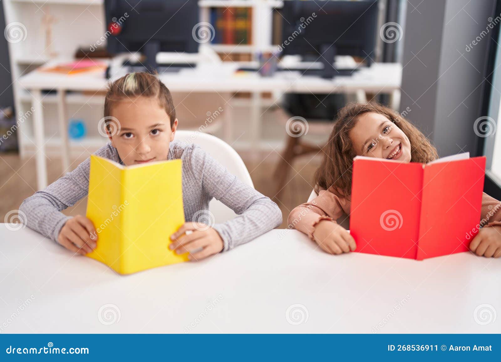Two Kids Students Reading Book Studying at Classroom Stock Image ...