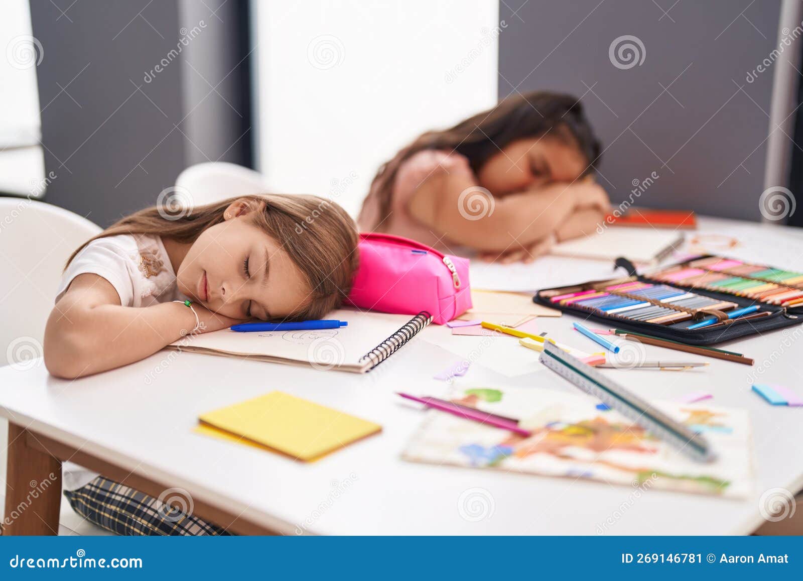 Two Kids Students Sitting on Table Sleeping at Classroom Stock Image ...