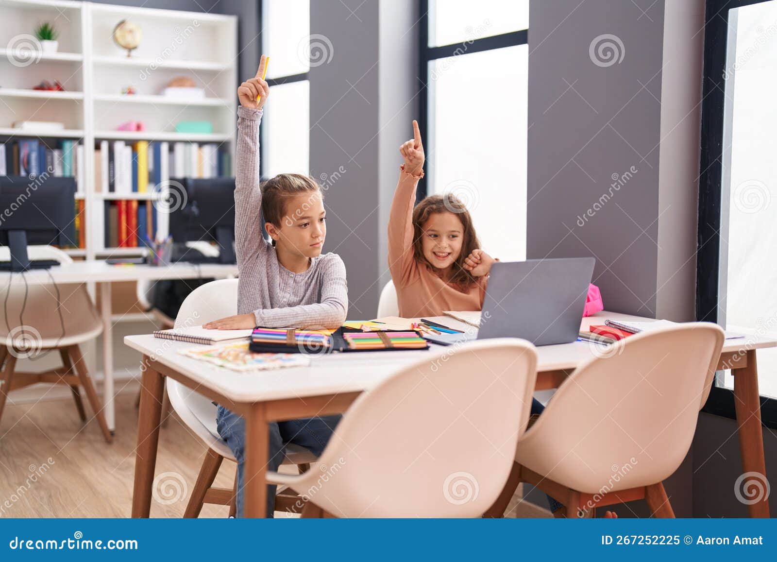 Two Kids Students Using Computer Having Online Lesson at Classroom ...