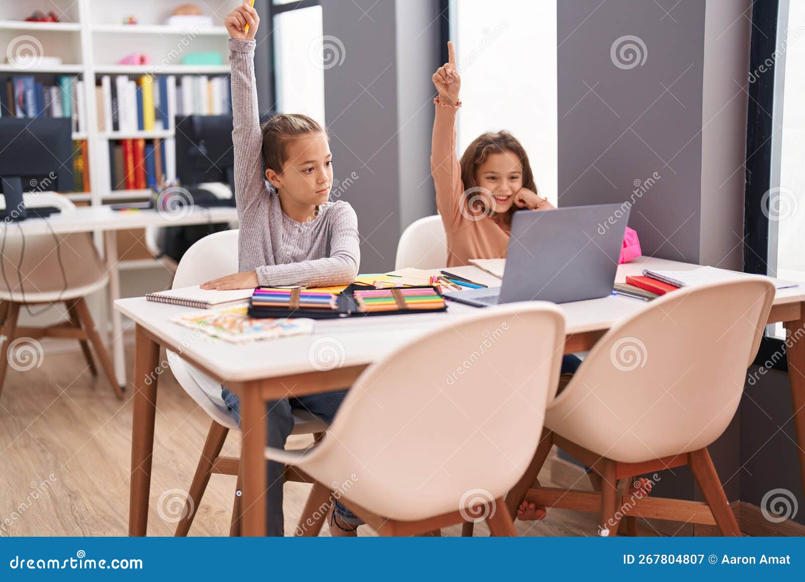 Two Kids Students Using Computer Having Online Lesson at Classroom ...