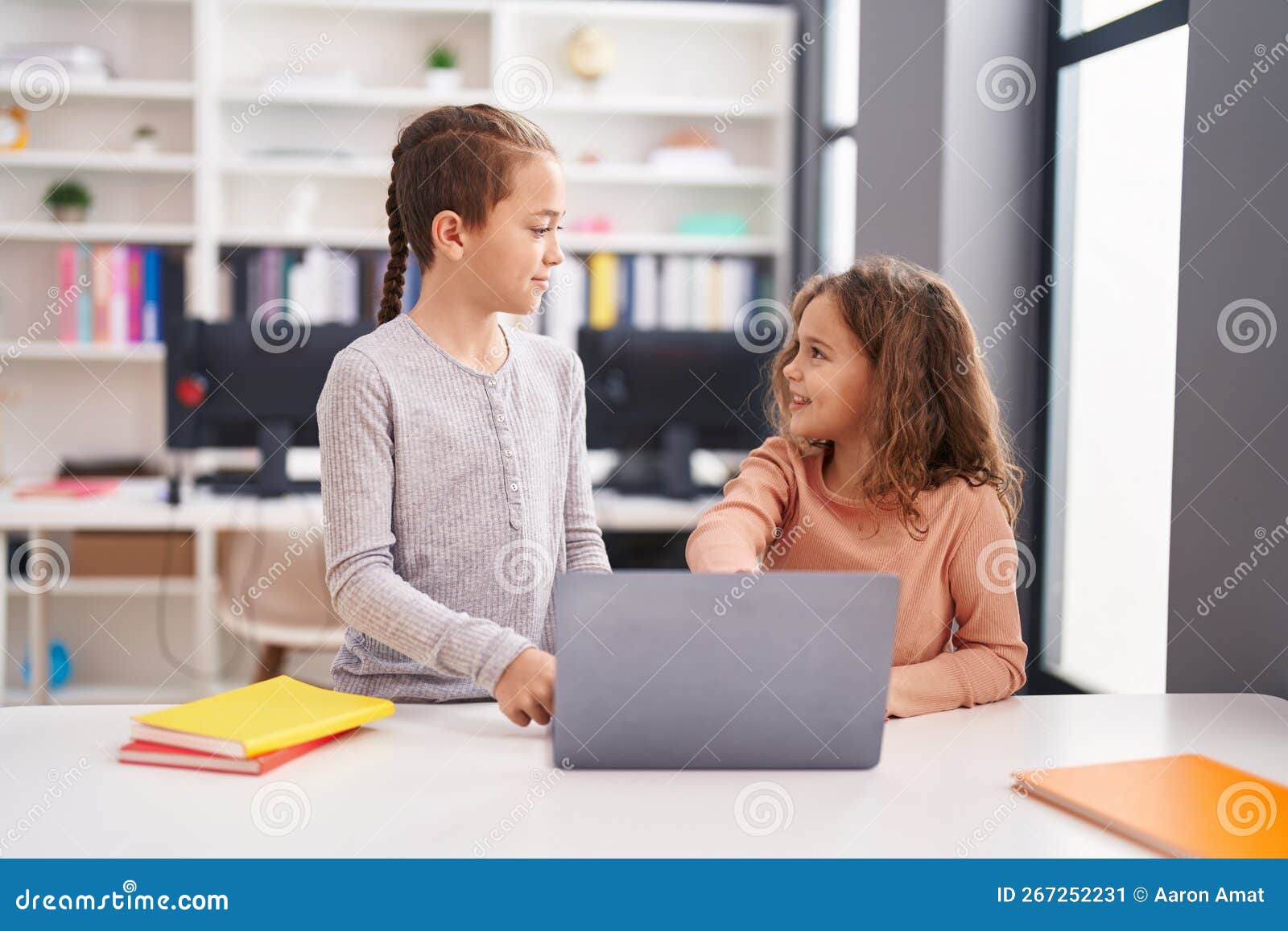 Two Kids Students Using Computer Studying at Classroom Stock Image ...