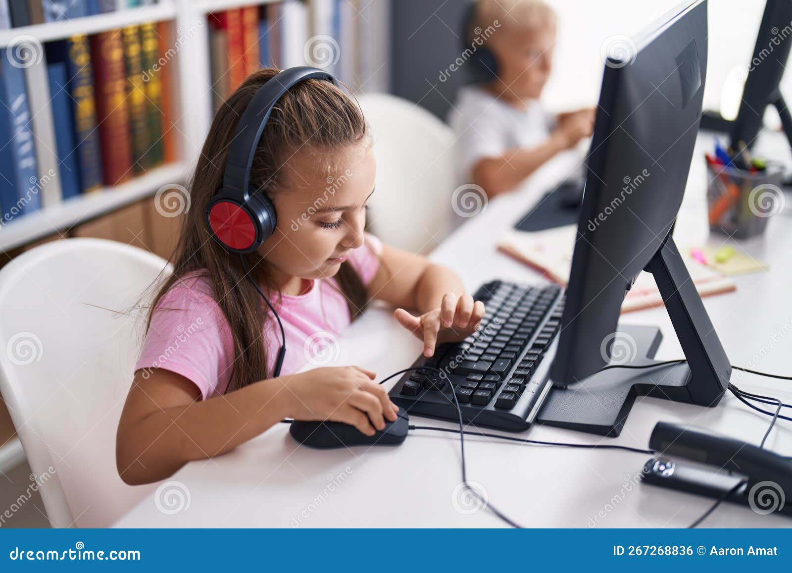 Two Kids Students Using Computer Studying at Classroom Stock Photo ...