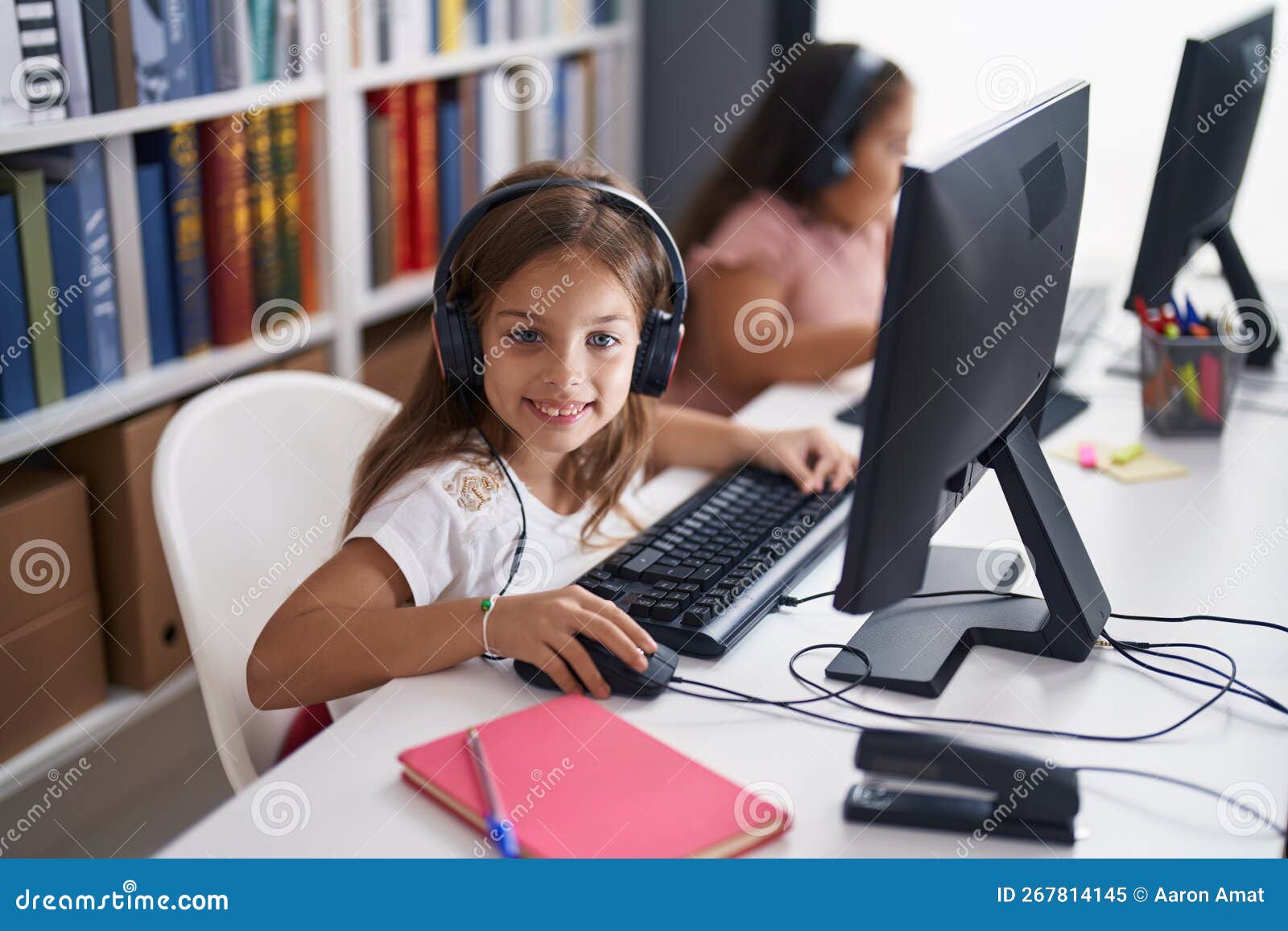 Two Kids Students Using Computer Studying at Classroom Stock Image ...