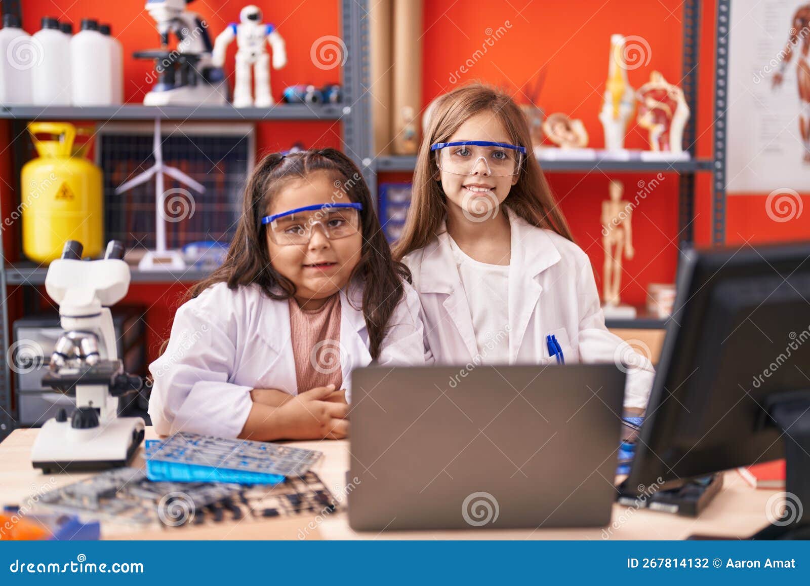 Two Kids Students Using Laptop at Laboratory Classroom Stock Photo ...