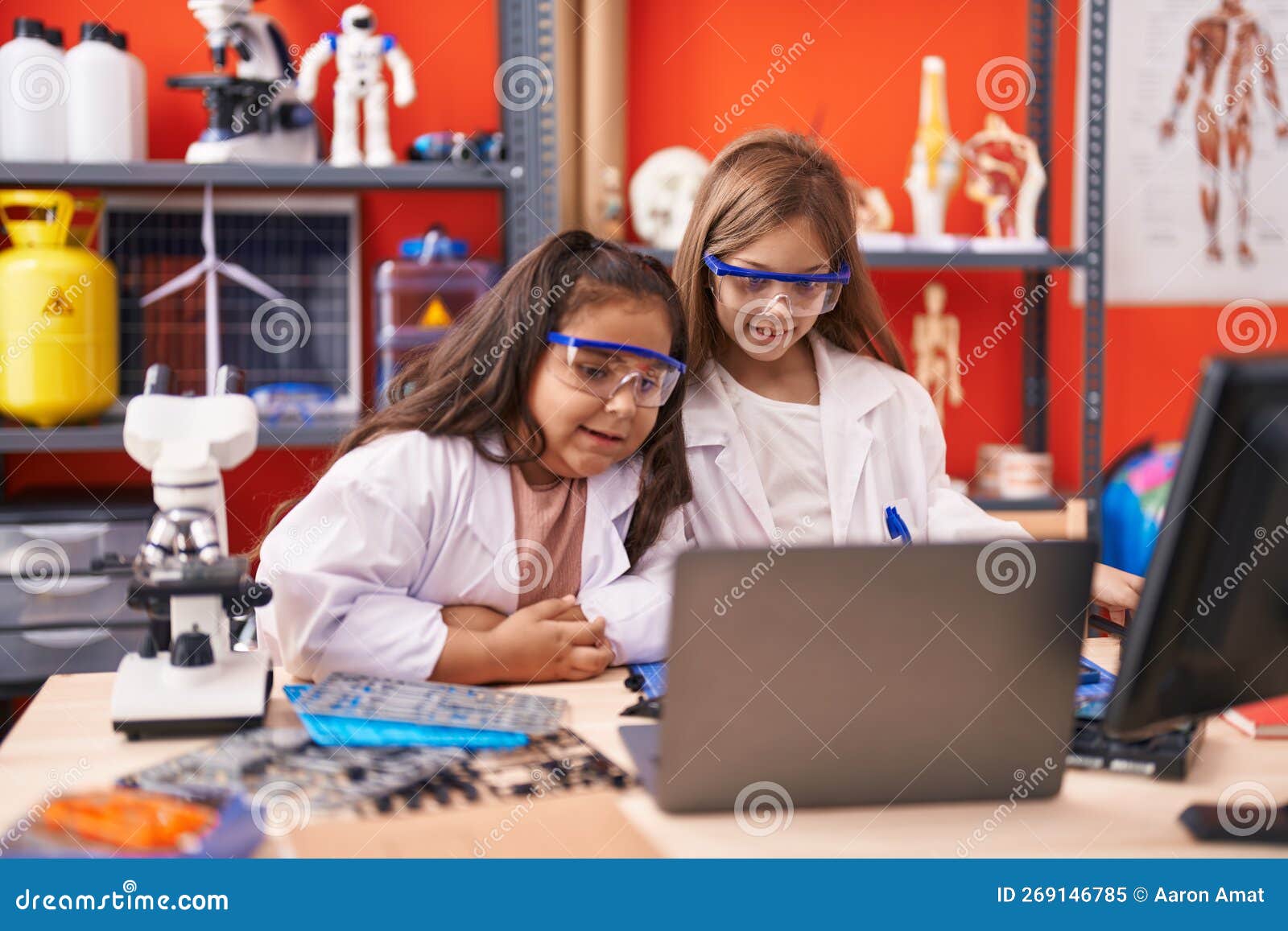 Two Kids Students Using Laptop at Laboratory Classroom Stock Image ...