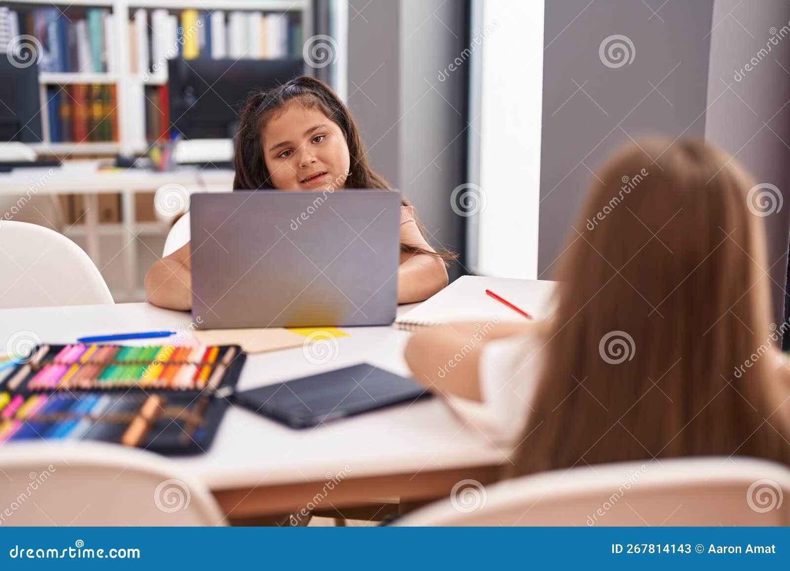 Two Kids Students Using Laptop Studying at Classroom Stock Image ...