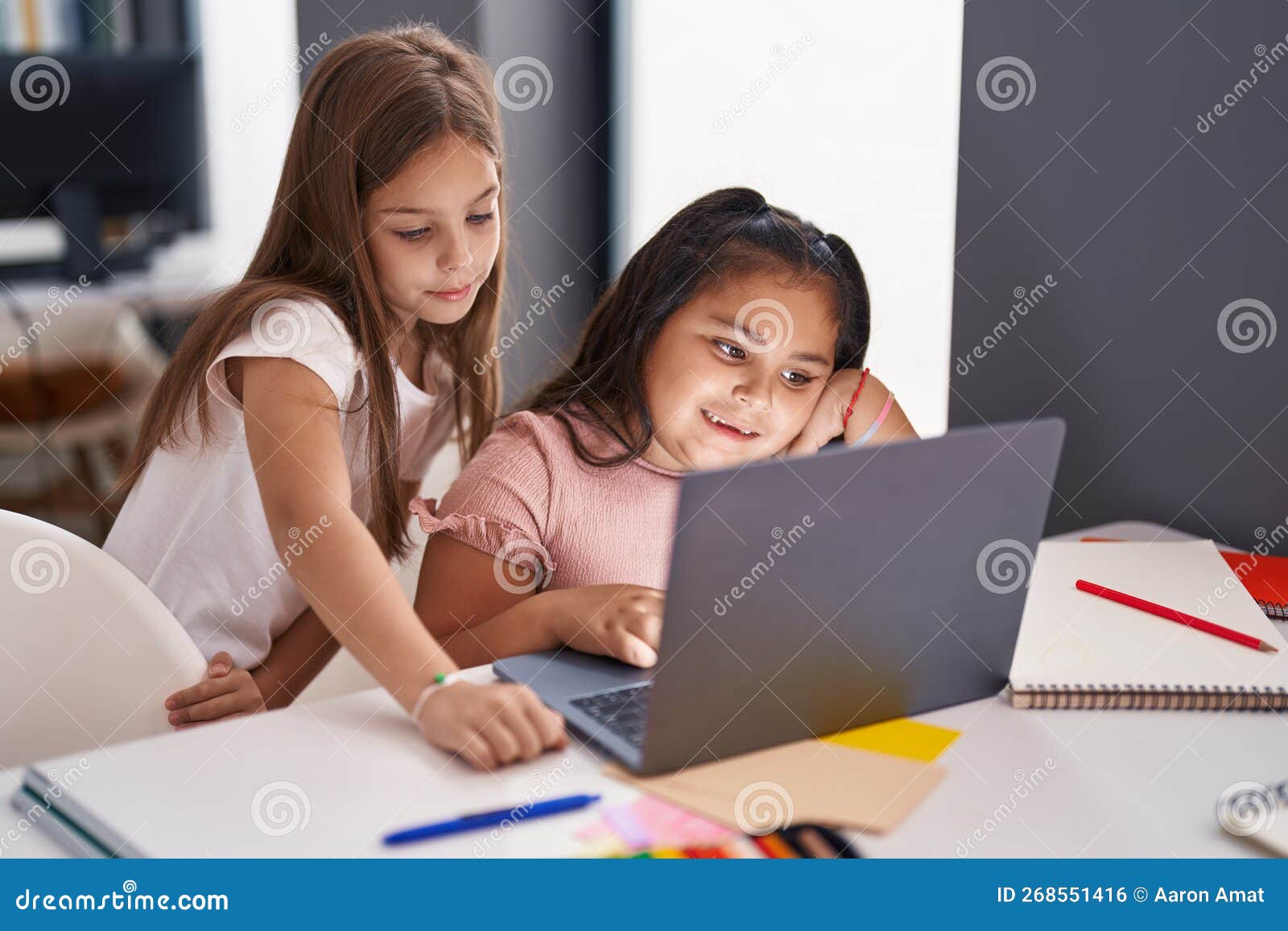 Two Kids Students Using Laptop Studying at Classroom Stock Photo ...