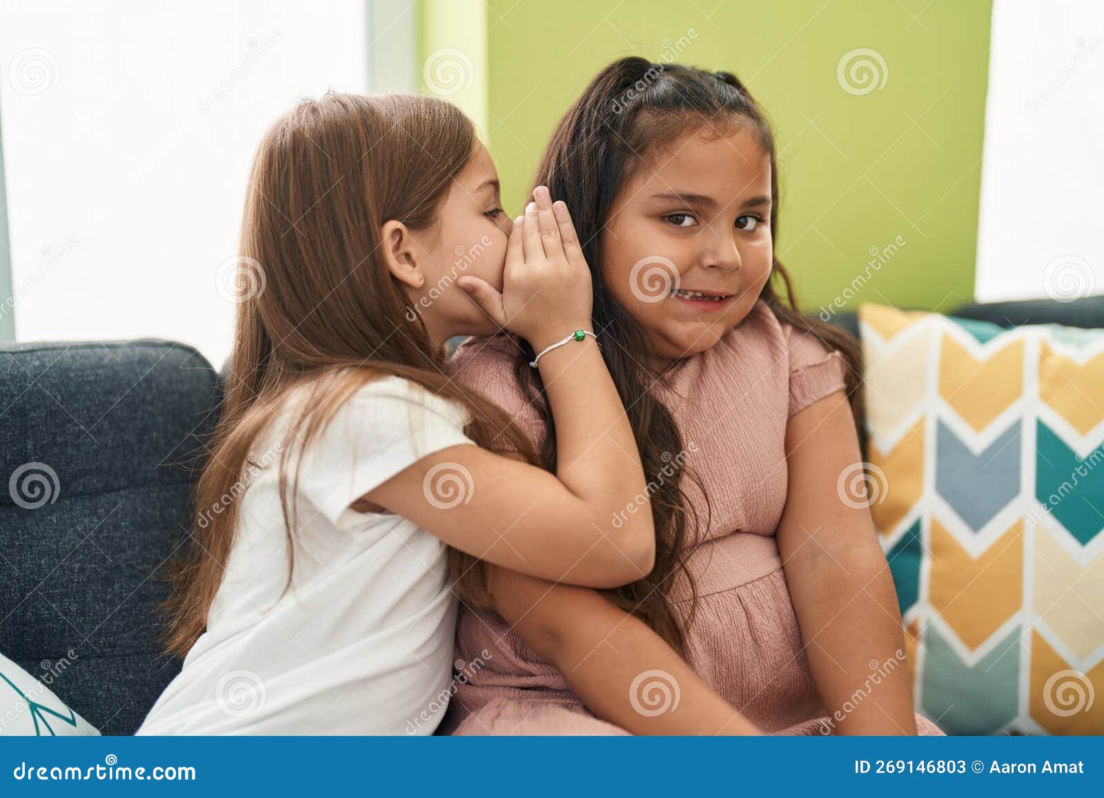 Two Kids Telling Secret Sitting on Sofa at Home Stock Image - Image of ...