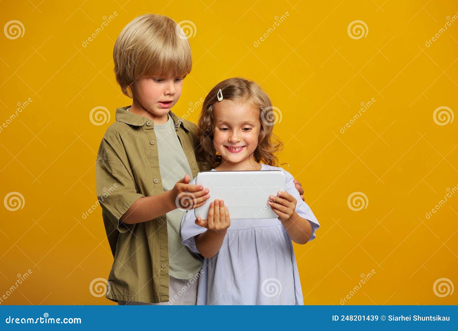 Two Kids Using Digital Multimedia Technologies, Children Standing with ...