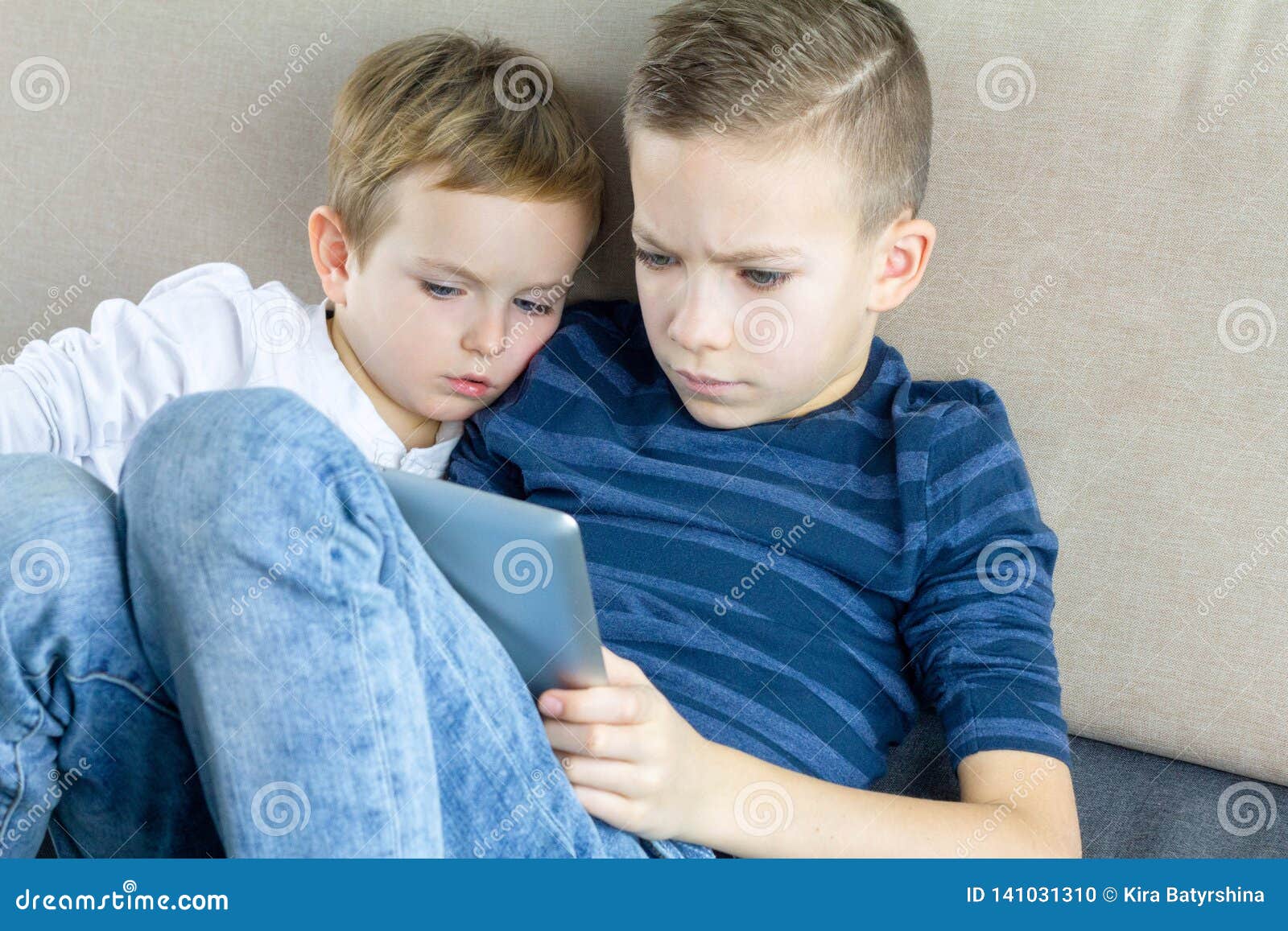 Two Kids Using Tablet Pc at Home, Modern Education Technology. Brothers ...