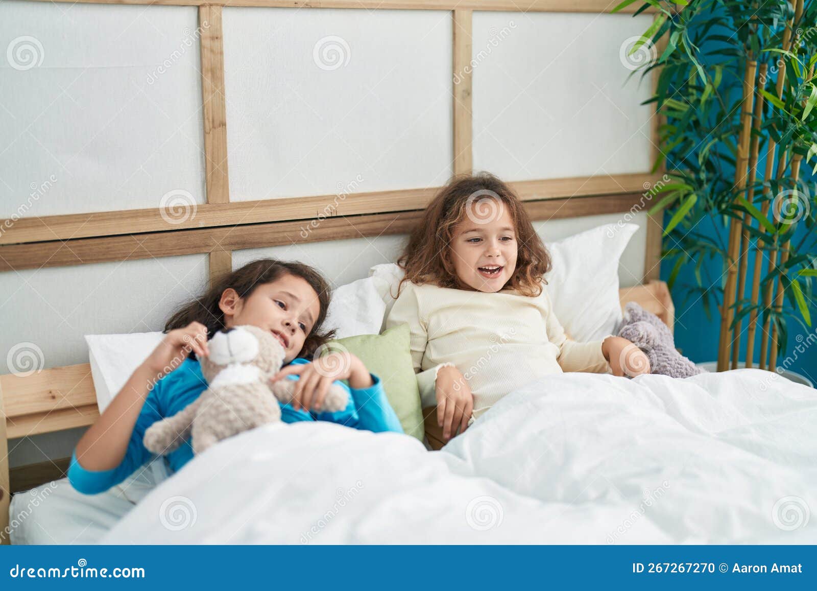 Two Kids Waking Up Stretching Arms at Bedroom Stock Photo - Image of ...