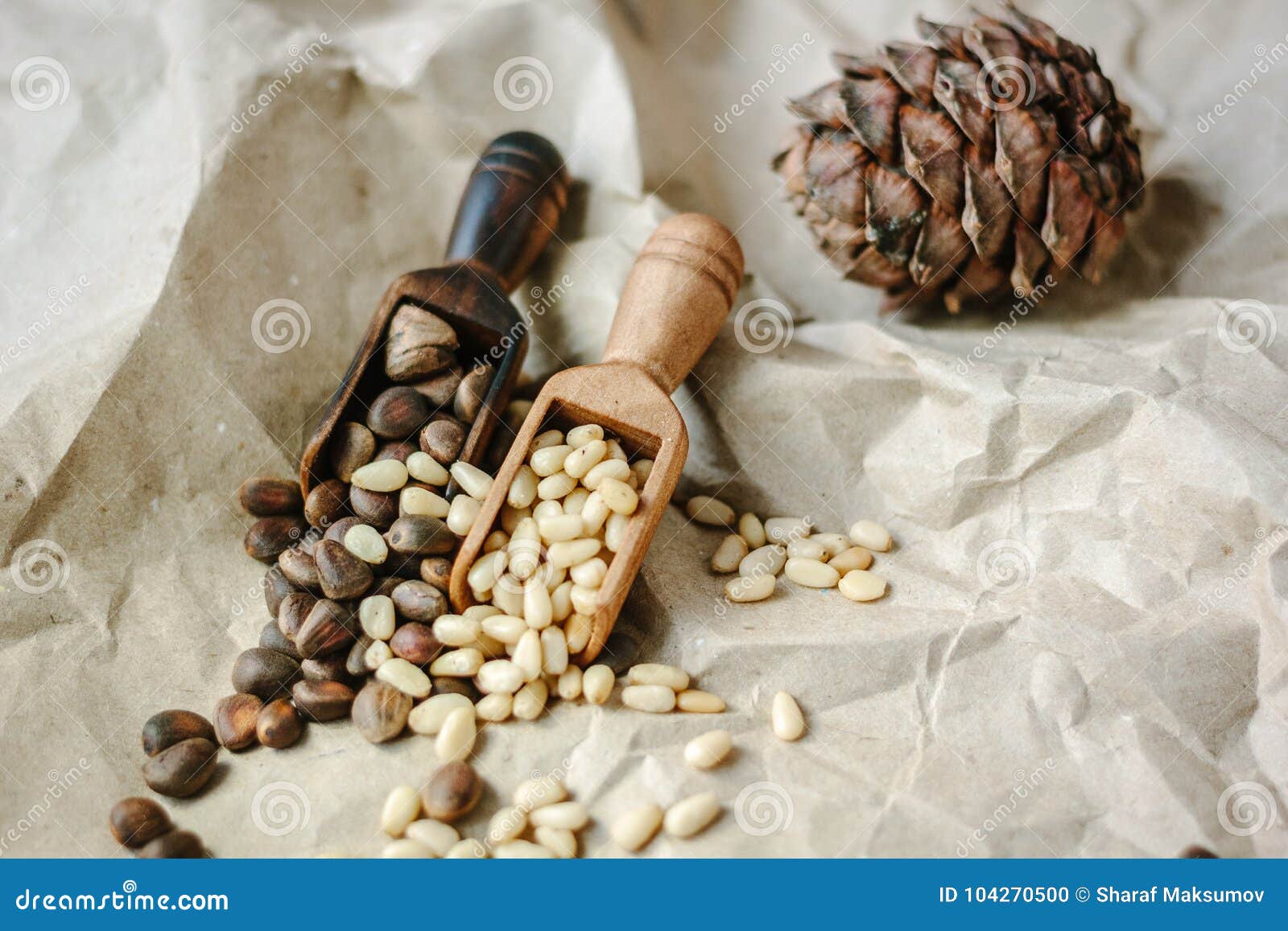 Two Kinds of Pine Nuts - with Shell and without Shell. Stock Photo ...