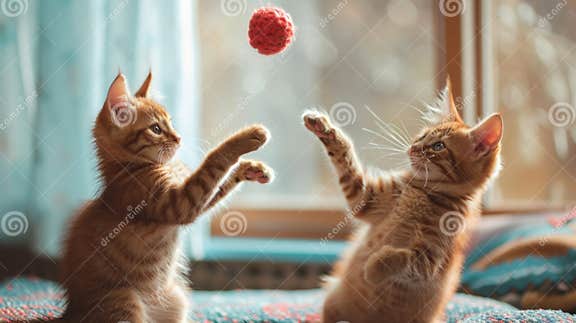 Two Kittens Playing with a Red Ball on the Bed, AI Stock Image - Image ...