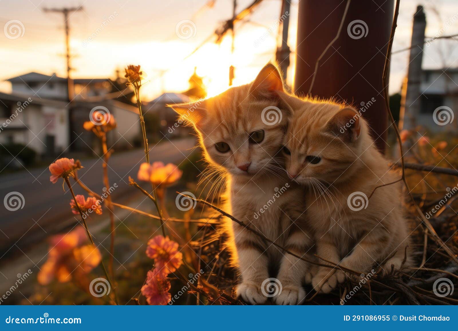 Two Kittens Sitting Looking at the Sunset in Japan. Generative AI Stock ...