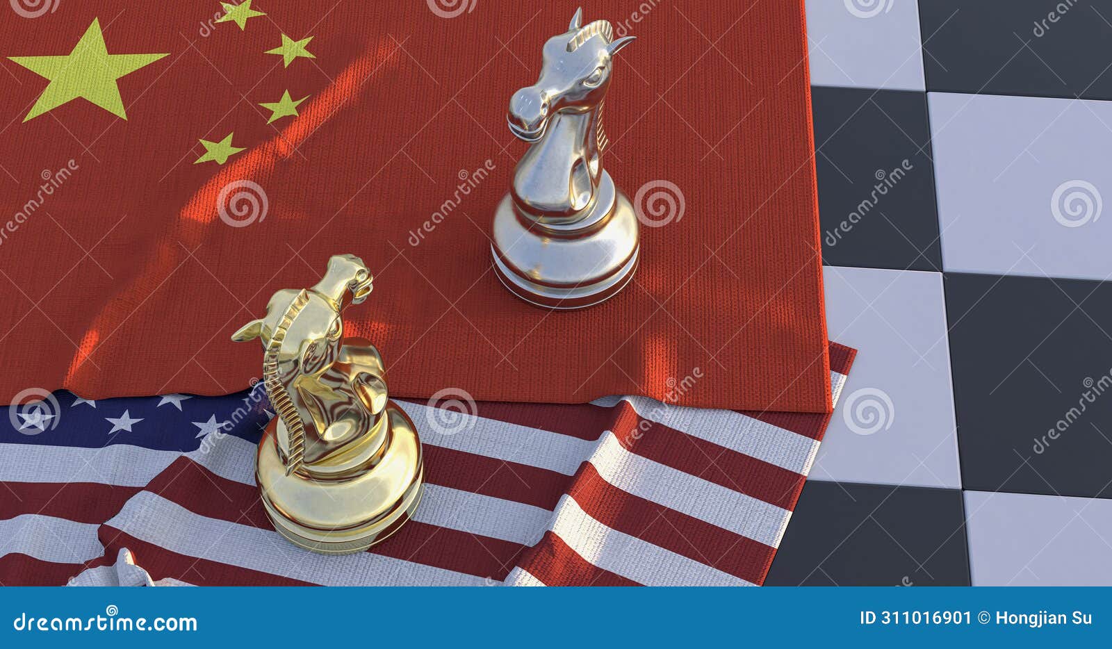Two Knight Chess Pieces Standing on American Flag and China Flag Stock ...