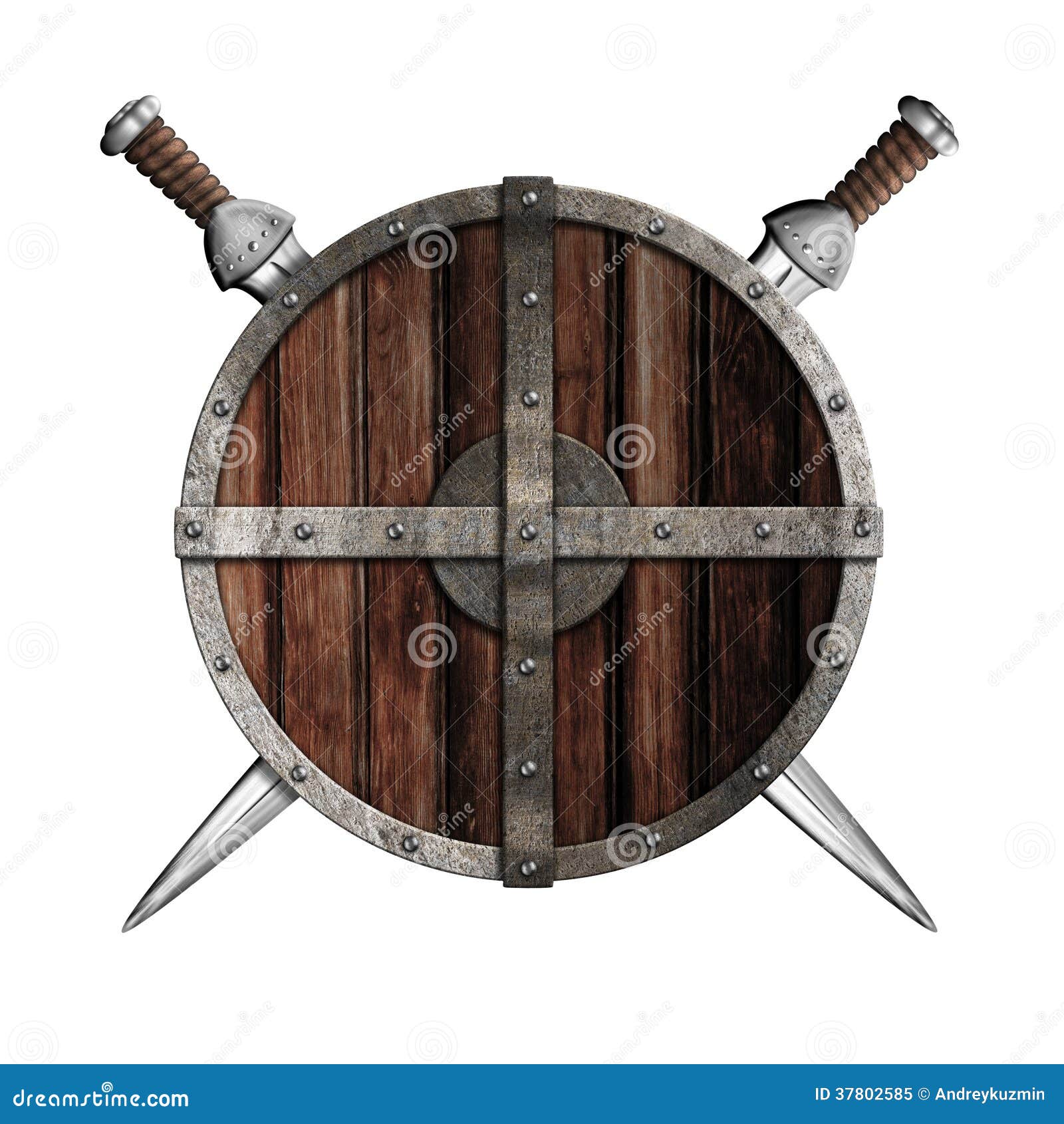 Two Knight Swords Behind Wooden Round Shield Isolated Stock ...