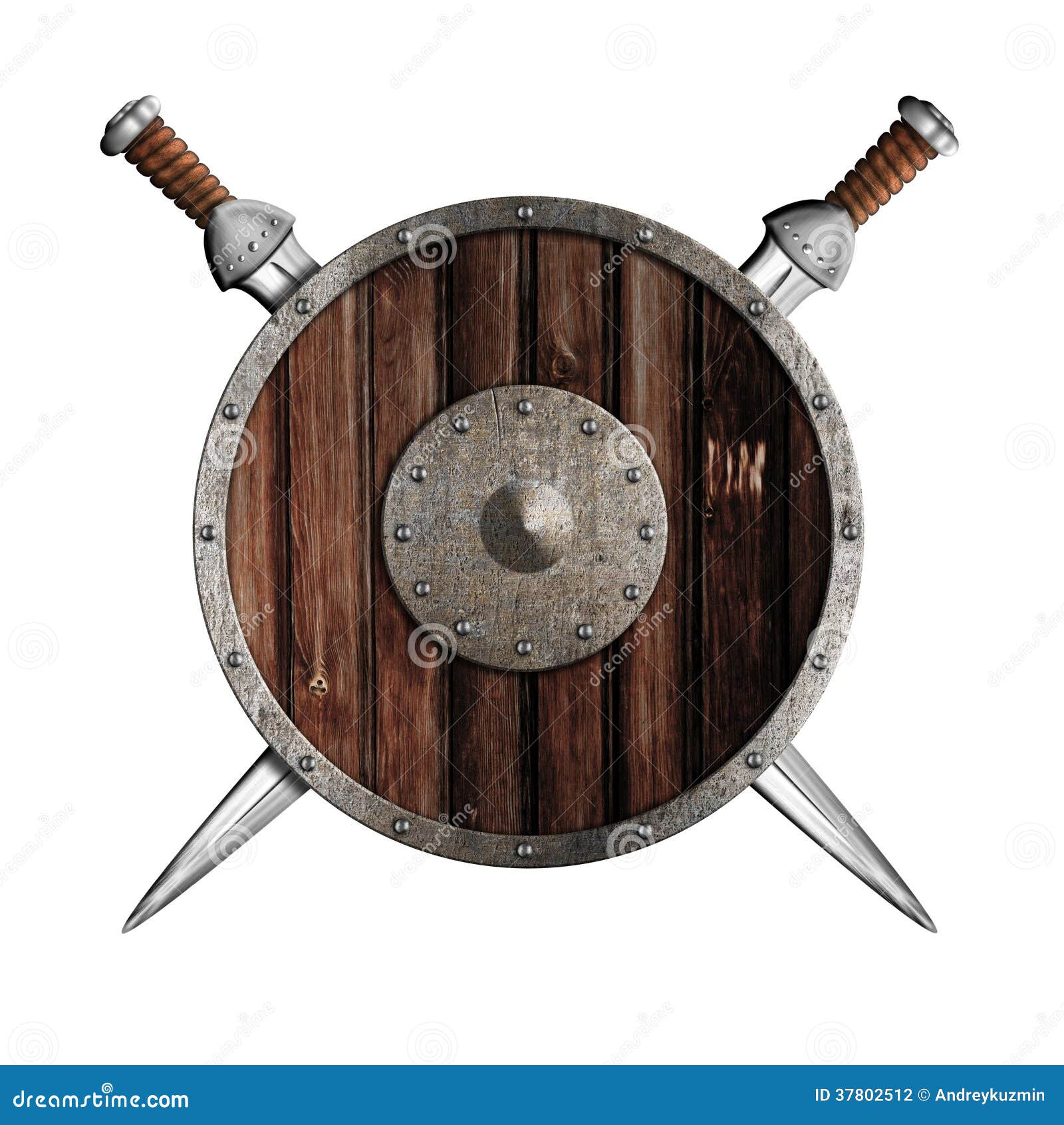 Two Knight Swords and Wooden Round Shield Isolated Stock Illustration ...