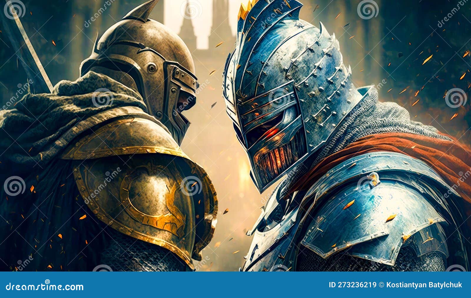 Two Knights Facing Each Other in Front of Castle. Generative AI Stock ...