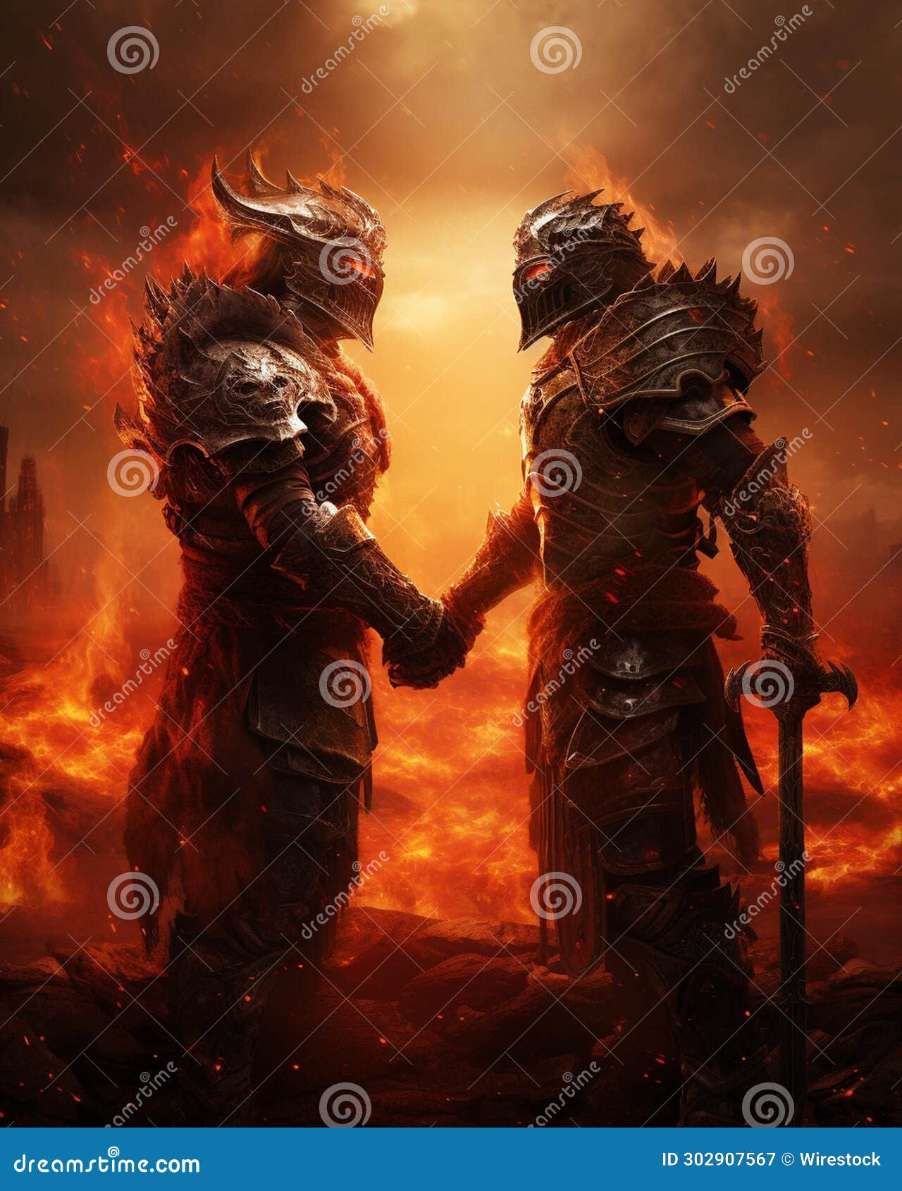 Two Knights Shaking Hands, Illuminated by a Blazing Fire, AI-generated ...