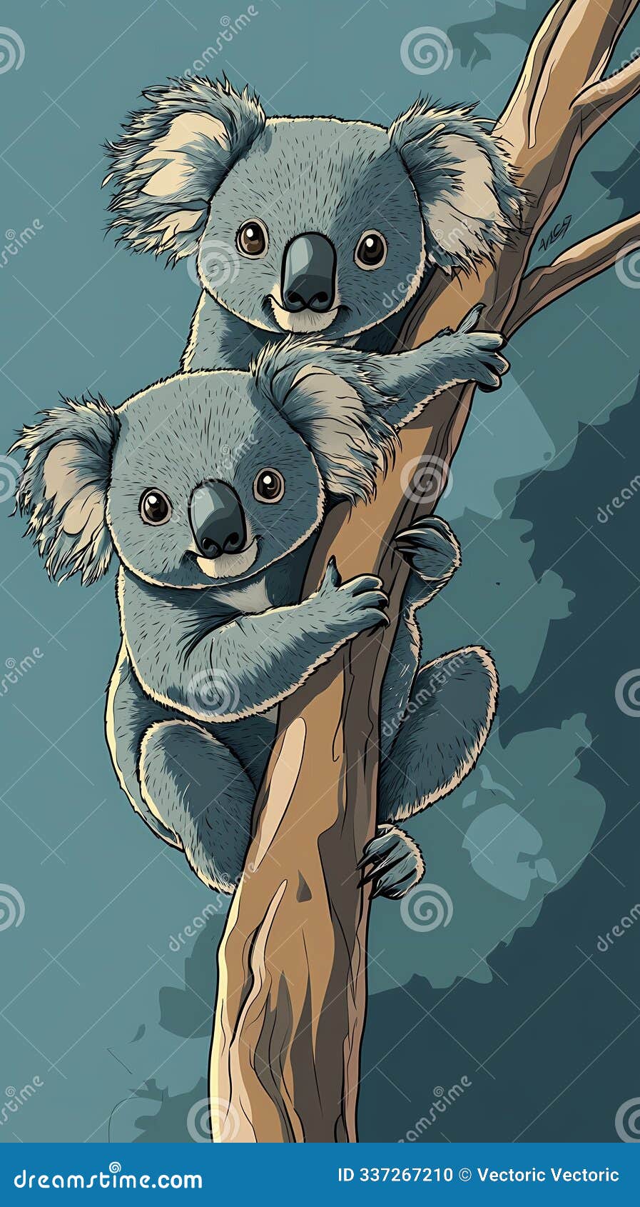 Two Koalas Climbing a Tree in a Stylized Illustration Stock ...