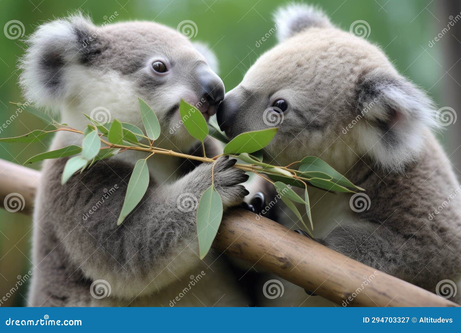 Two Koalas Sharing a Eucalyptus Branch Stock Image - Image of cuddling, eucalyptus: 294703327